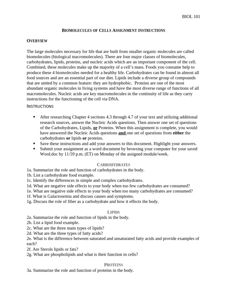 Biomolecules of Cells Assignment Instructions | PDF | Biomolecules ...