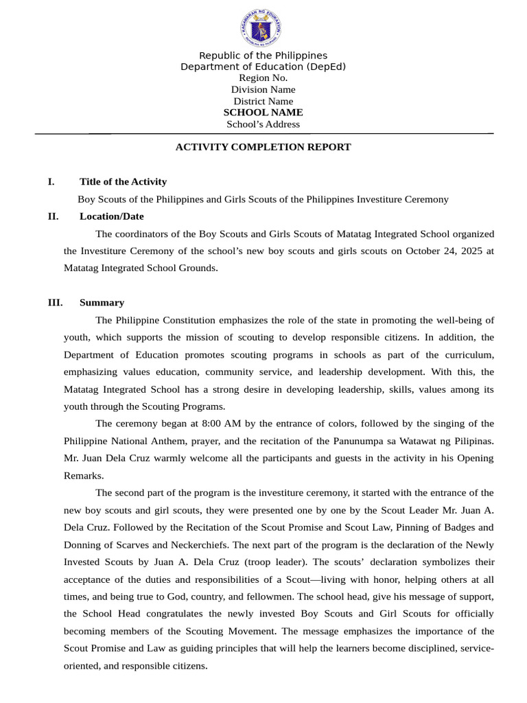 Activity Completion Report BSP & GSP Investiture Ceremony | PDF | Scouting