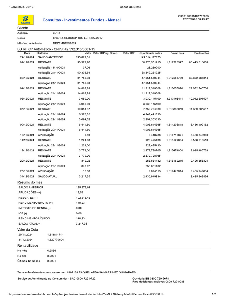 Extratos Banco Do Brasil Mês Hhysgh9uhggsyghyw12-2024 | PDF | Conta de ...