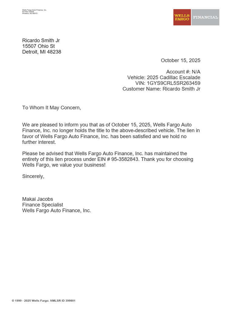 Wells Fargo Auto Lien Release 263459 | PDF