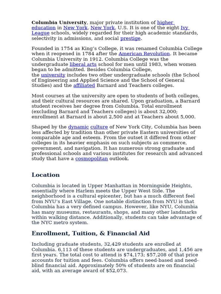 Columbia University Overview and Admission Guide | PDF | Columbia ...