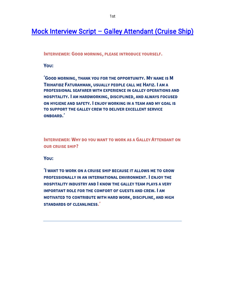 Mock Interview Galley Attendant | PDF | Hygiene