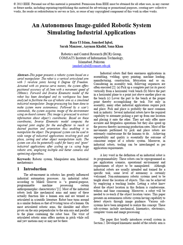 Autonomous Robotic Arm for Industry | PDF | Robotics | Robot