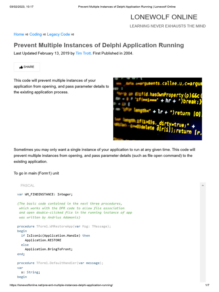Prevent Multiple Instances Of Delphi Application Running Lonewolf