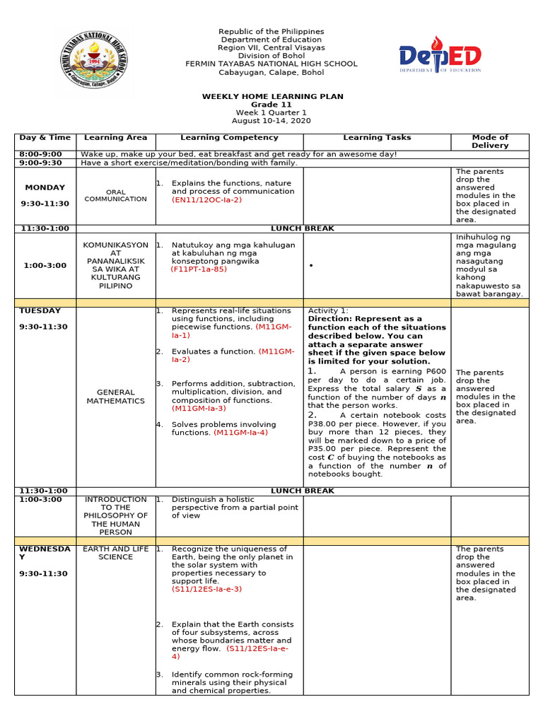 Weekly Plan Sample (Teachers' Copy) | PDF