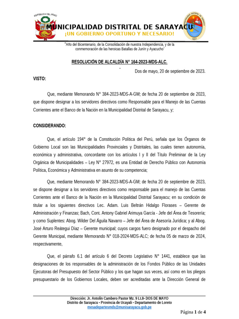 Resolucion Alcaldia #164-2023-Mds-Alc, Designacion de Manejo de Cuentas MDS | PDF | Gobierno local