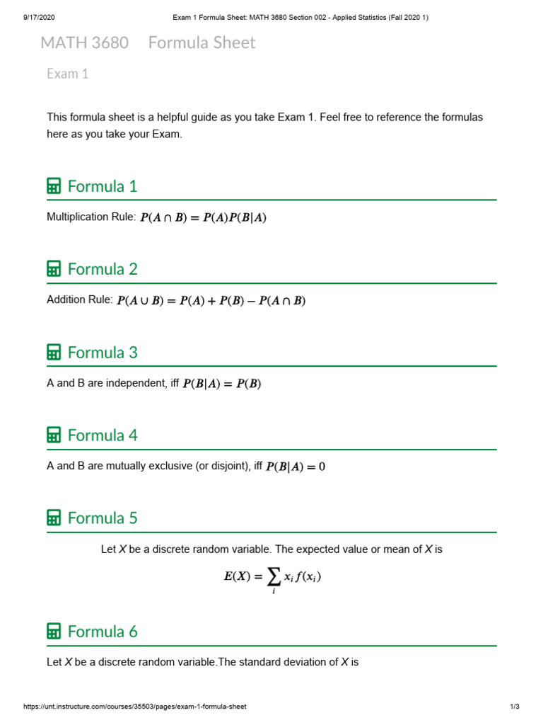 Exam 1 Formula Sheet - MATH 3680 Section 002 - Applied Statistics (Fall ...