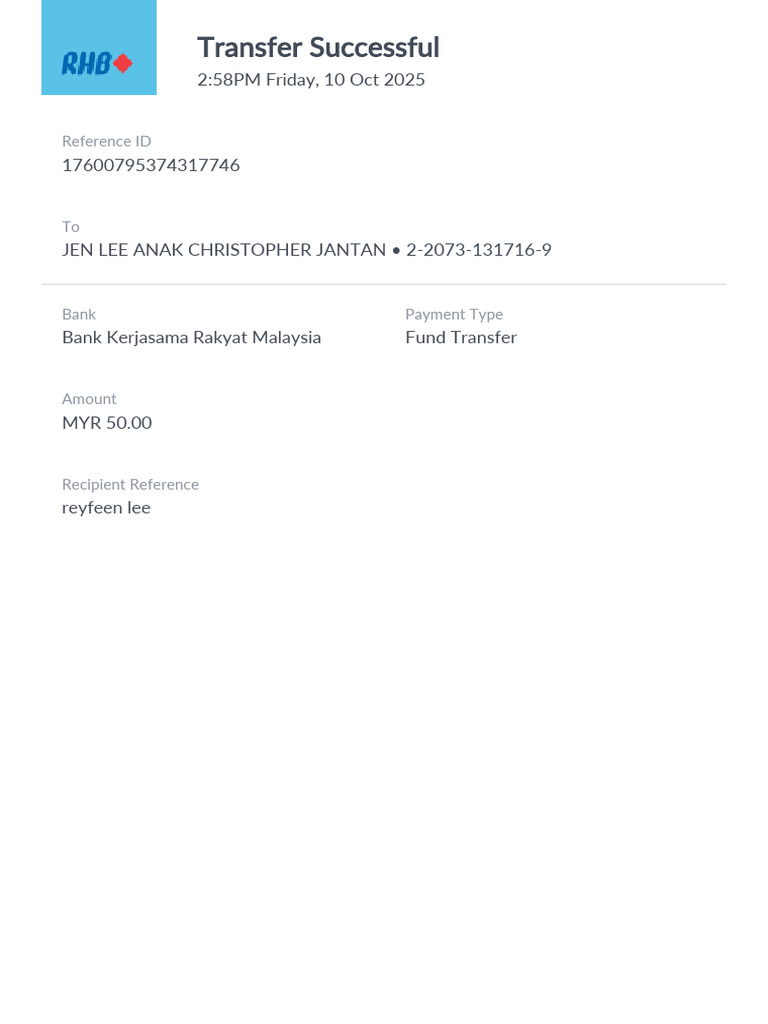 Fund Transfer Confirmation: MYR 50.00 | PDF