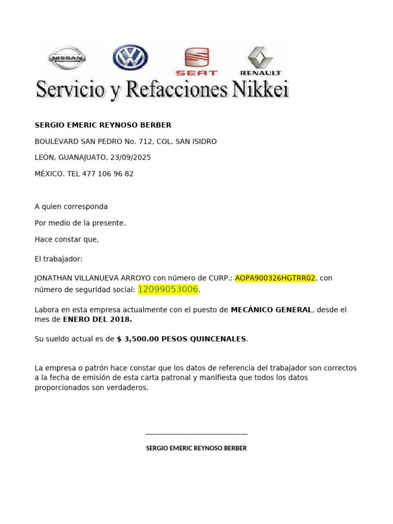 Carta de Trabajo de Jonathan Villanueva | PDF