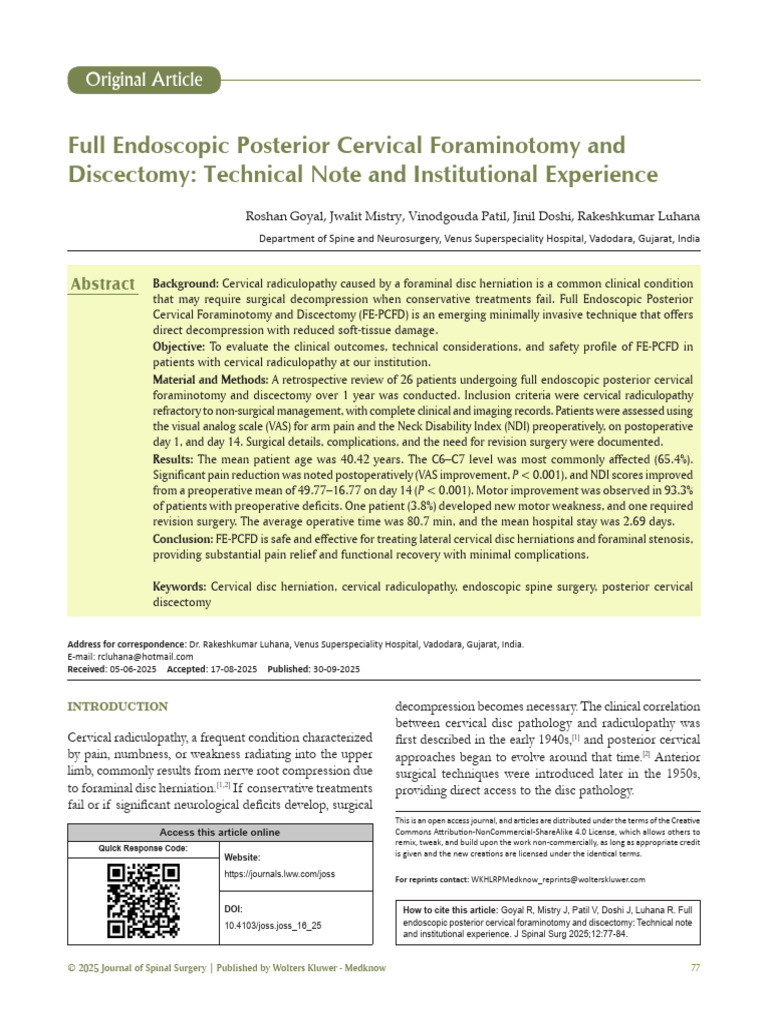 Full Endoscopic Posterior Cervical Foraminotomy.1 | PDF | Medicine ...