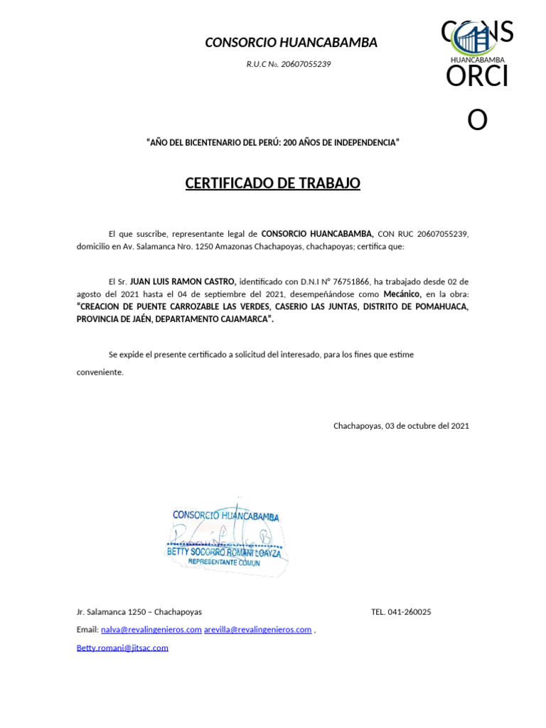 Certificado Huamcabamba of Albañil | PDF