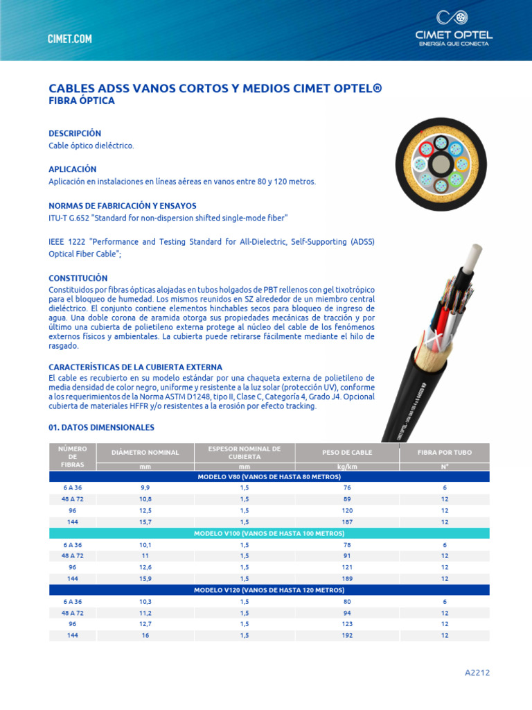 CIMET OPTEL Hoja Tecnica 33 Fibra Optica Cable ADSS KP Vanos Cortos y ...
