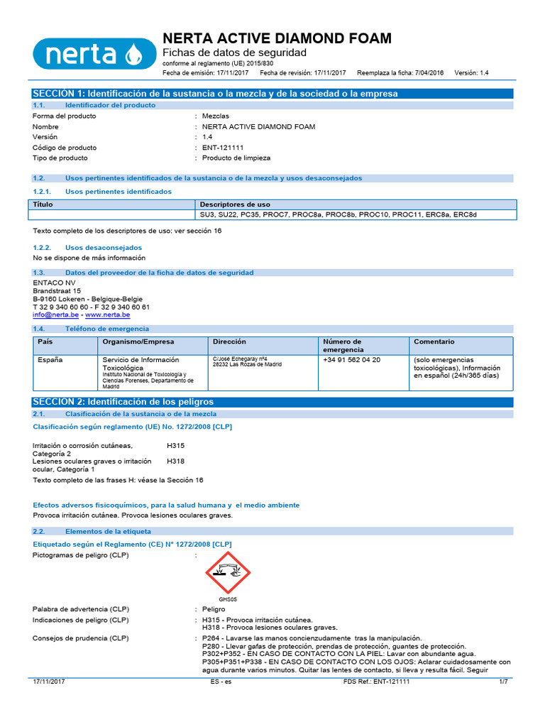 Ficha de Seguridad NERTA ACTIVE DIAMOND FOAM | PDF | Química