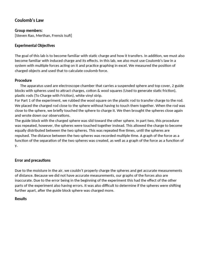 Lab 1 Coulomb's Law (Physics 2) | PDF | Electric Charge | Force