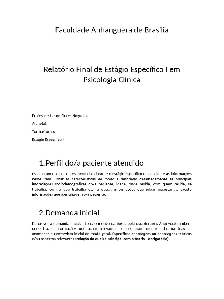 MODELO Relatório Final de Estágio Específico I | PDF | Psicologia ...