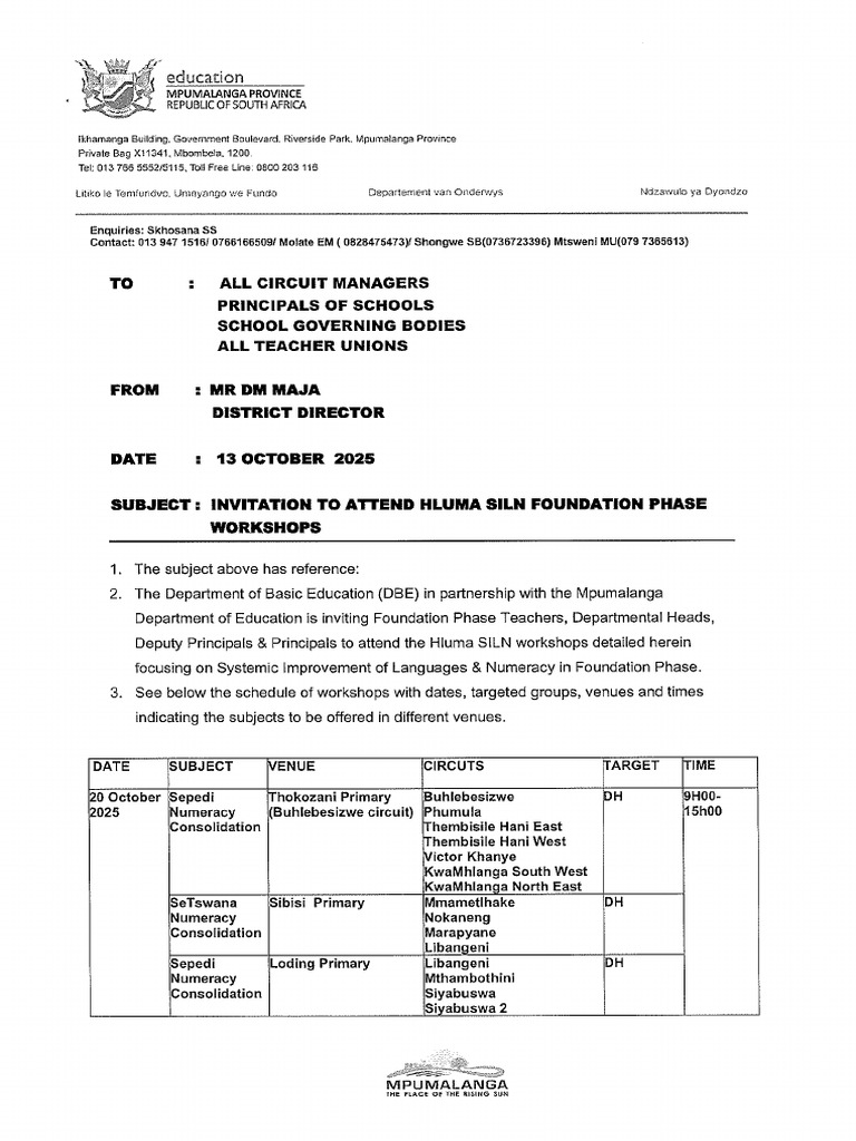 Invitation To Attend HLUMA SILN Foundation Phase Workshop . | PDF