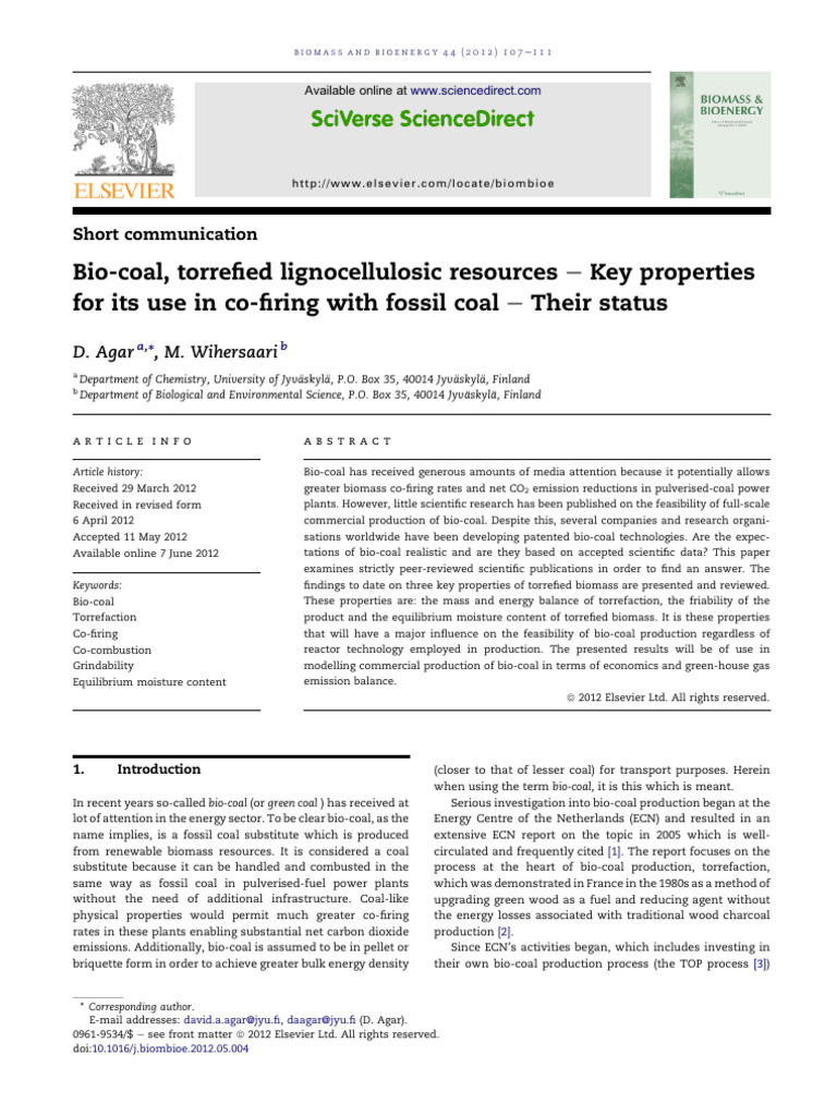 Bio-Coal, Torrefied Lignocellulosic Resources - Key Properties For Its ...