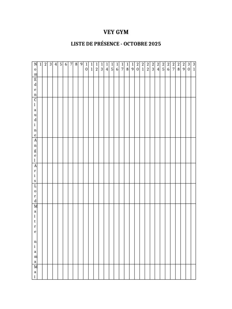 Liste de présence Vey Gym - Octobre 2025 | PDF