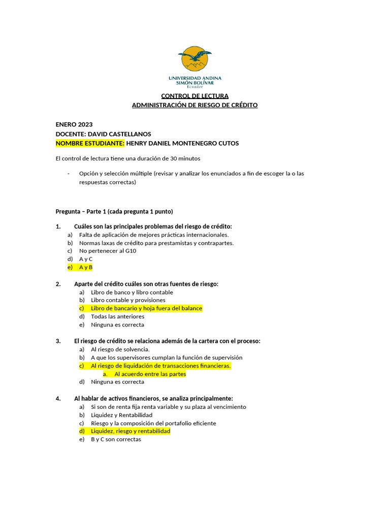 Montenegro Daniel - Control de Lectura - Riesgo de Credito | PDF ...