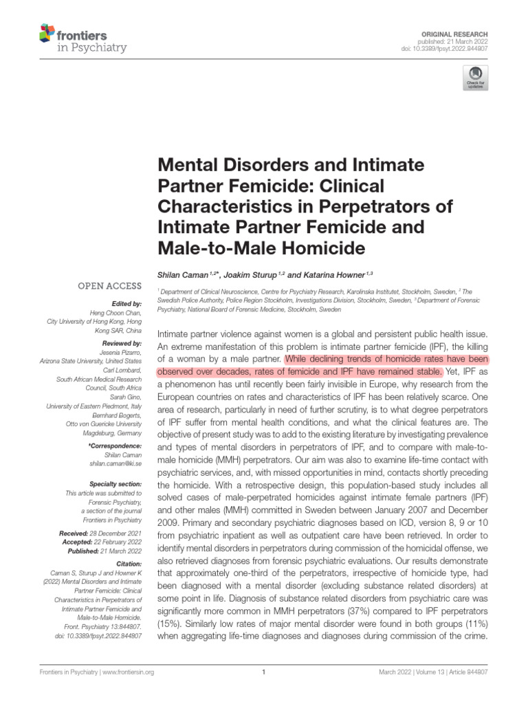 Mental Disorders in Intimate Partner Femicide | PDF | Violence | Mental ...