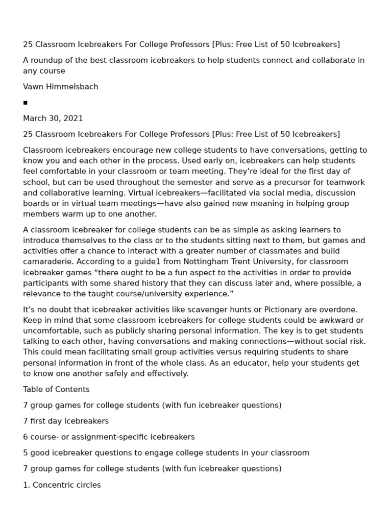 Top Icebreakers for College Students | PDF | Classroom