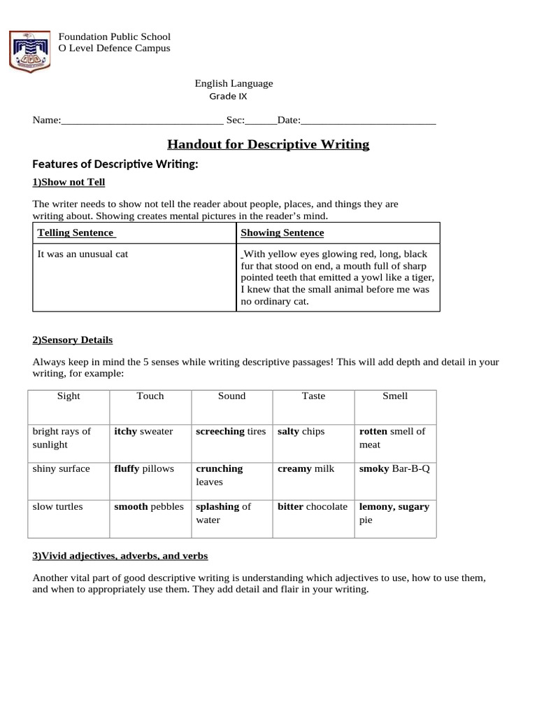 Descriptive Writing Guide for O Level | PDF | Senses | Perception