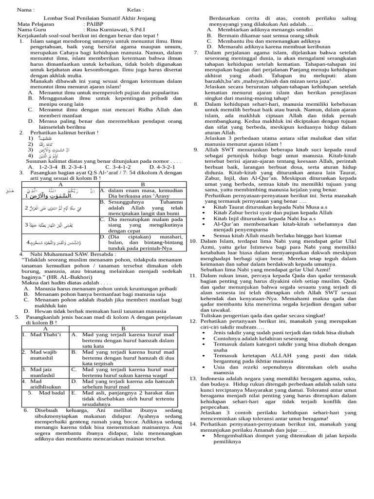 Soal Psaj Paibp Kelas Ix 2425 | PDF
