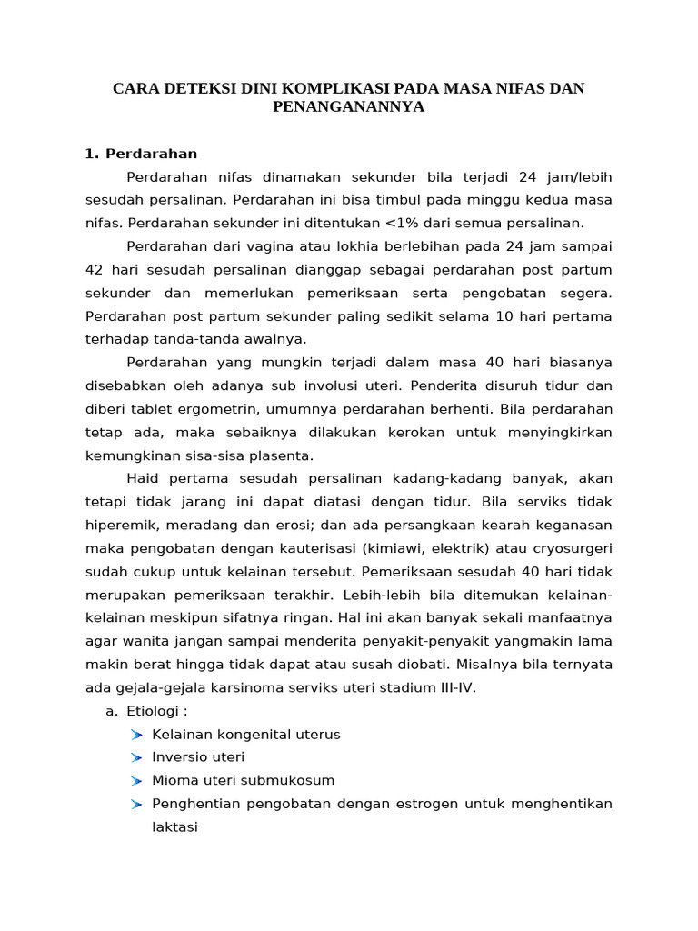 Cara Deteksi Dini Komplikasi Pada Masa Nifas Dan Penanganannya | PDF