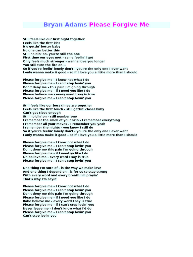 Bryan Adams - Please Forgive Me Lyrics | PDF
