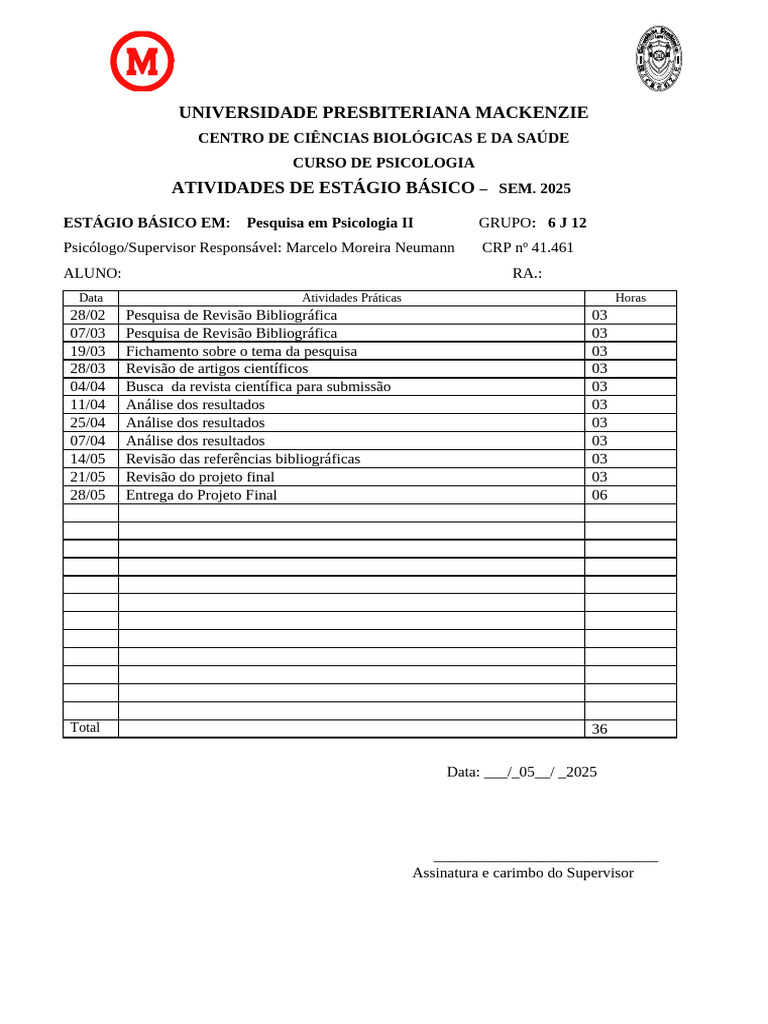 Ficha de Estágio Básico - 6 J Ii 1S25 | PDF