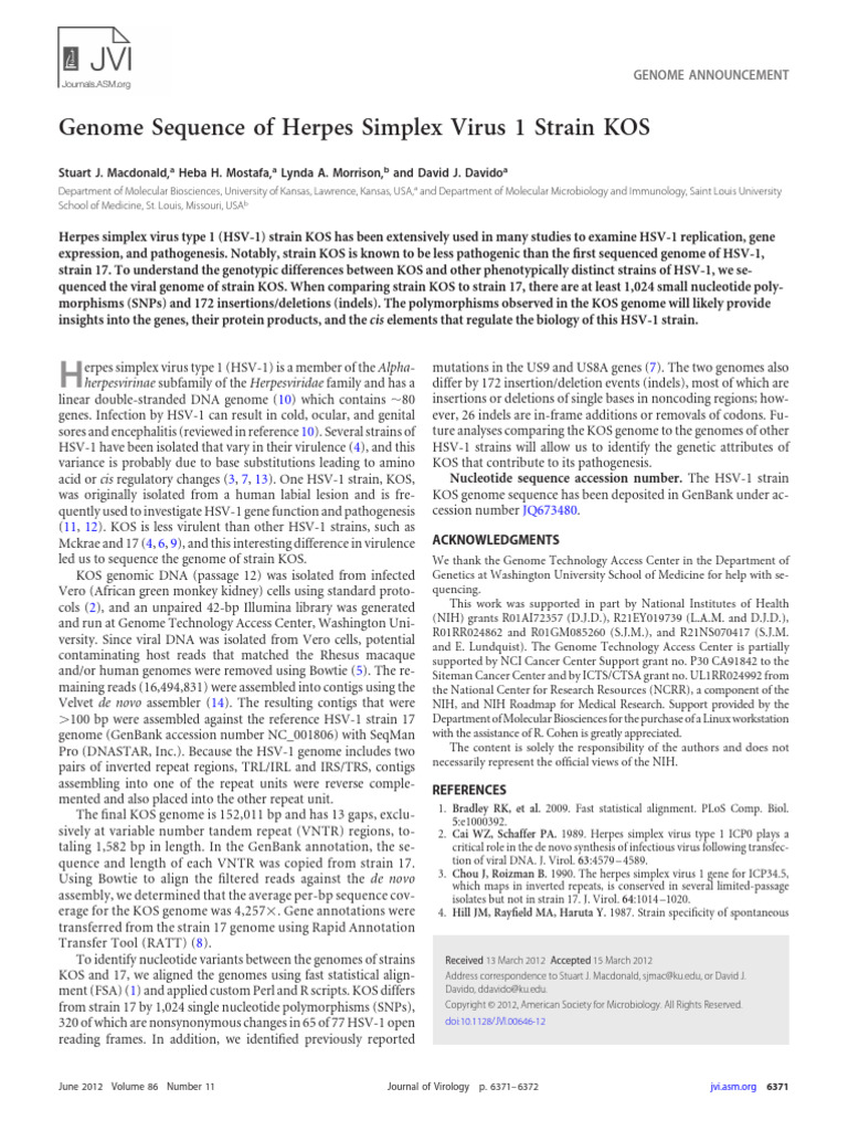 Genome Sequence of Herpes Simplex Virus 1 Strain KOS | PDF | Virus | Genome