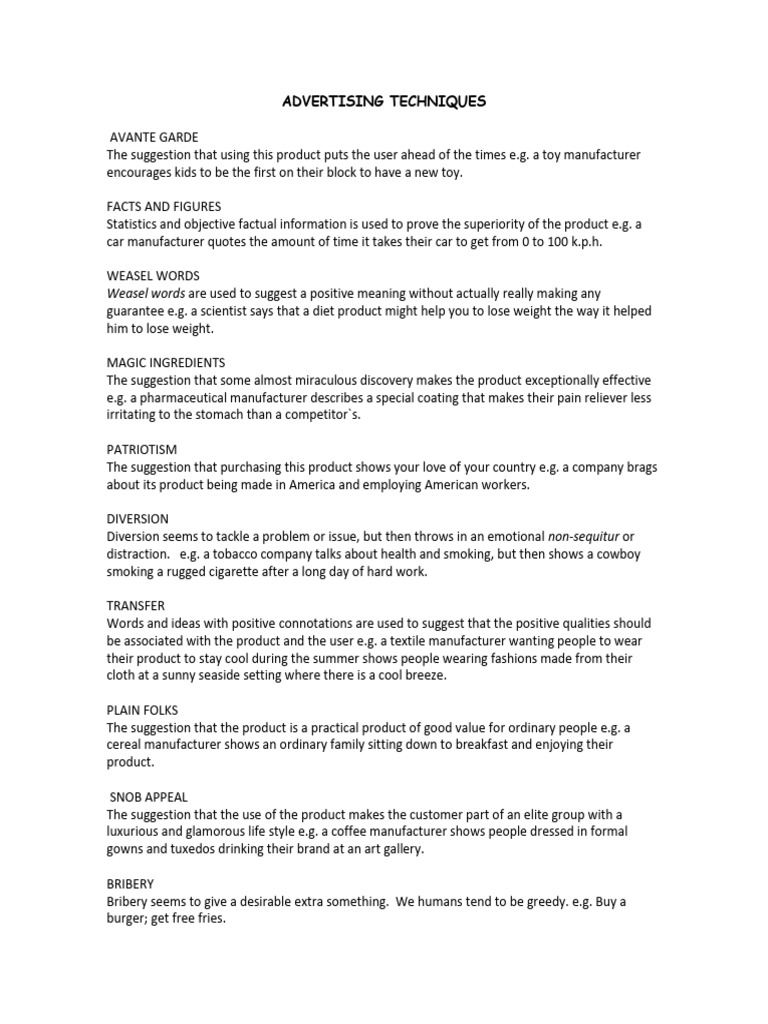 U3 - 3.1 Advertising Techniques | PDF | Propaganda | Brand