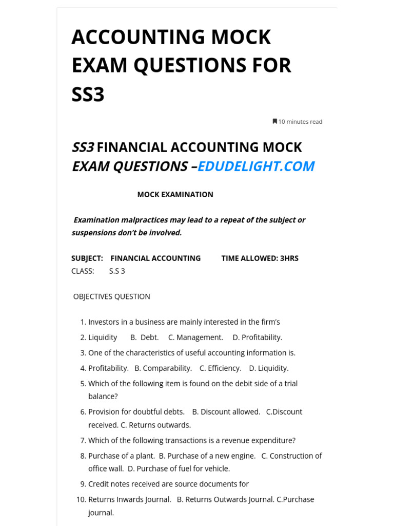SS3 Financial Accounting Mock Exam Questions | PDF | Debits And Credits ...