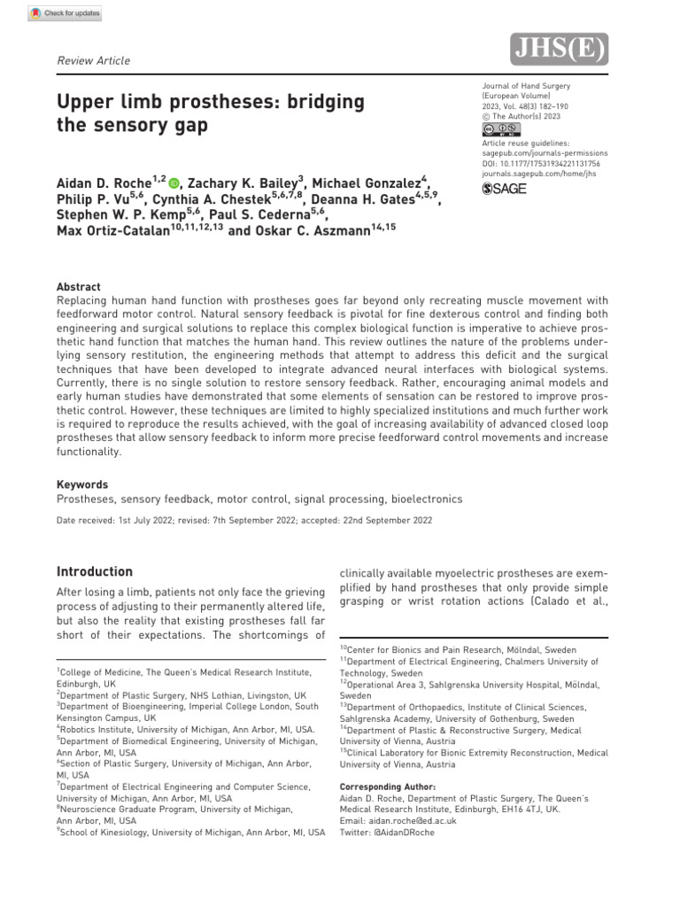 Sensory Feedback in Upper Limb Prostheses | PDF | Prosthesis | Senses