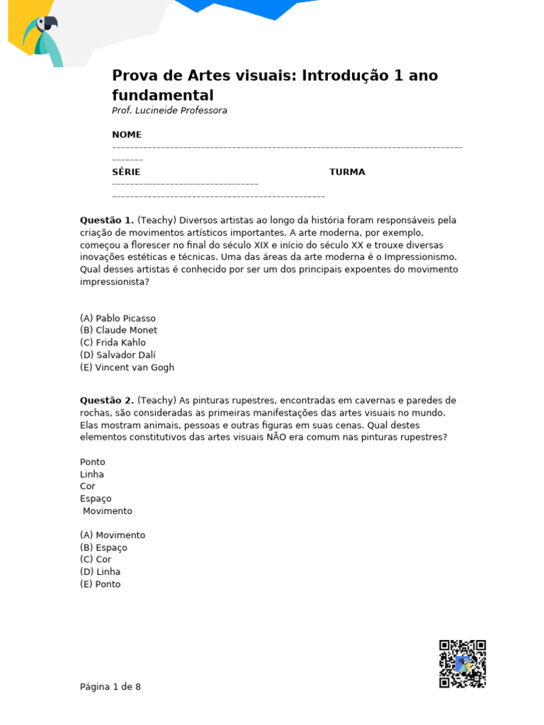 Prova de Artes Visuais 1º Ano Fundamental | PDF | Desenho | Cor