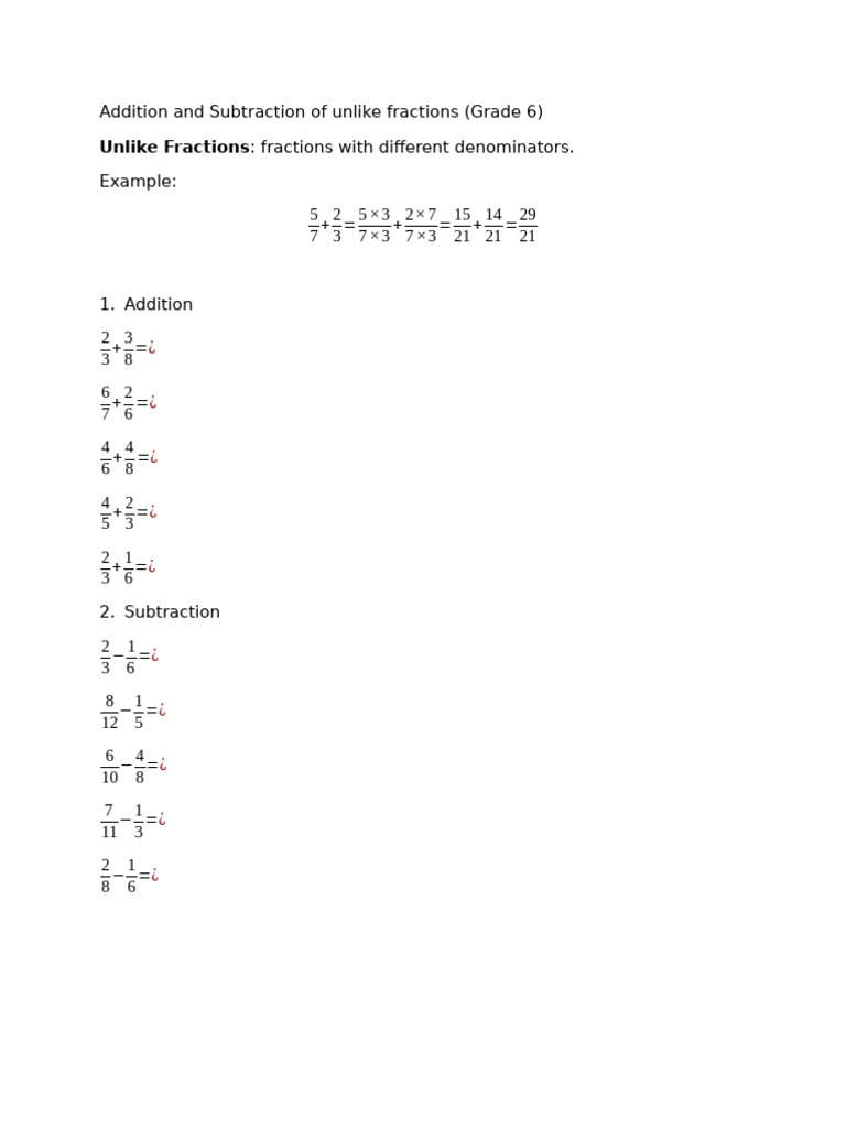 Addition and Subtraction of Unlike Fractions | PDF