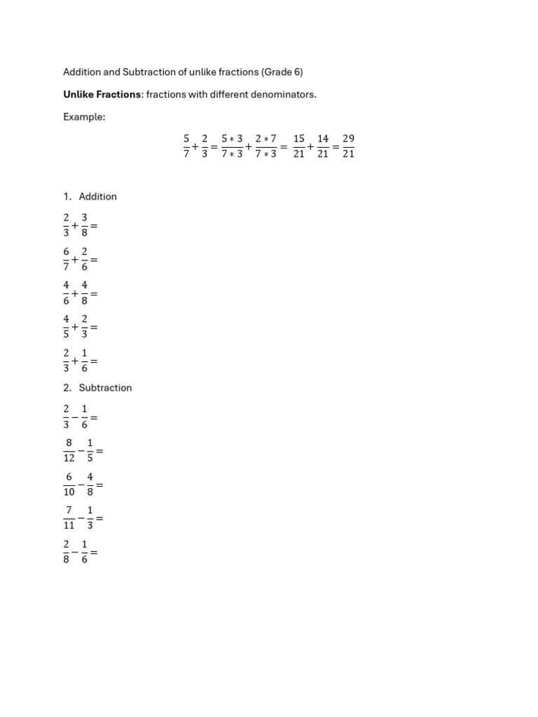 Addition and Subtraction of Unlike Fractions | PDF
