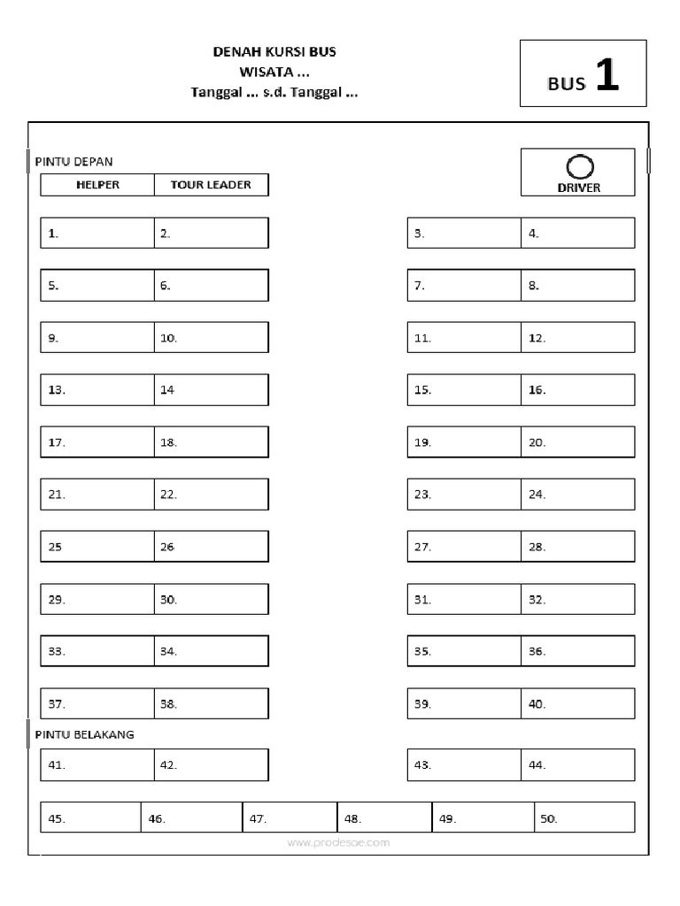 Denah Kursi Bus Pariwisata Seat 2-2-50 Kursi File Word | PDF