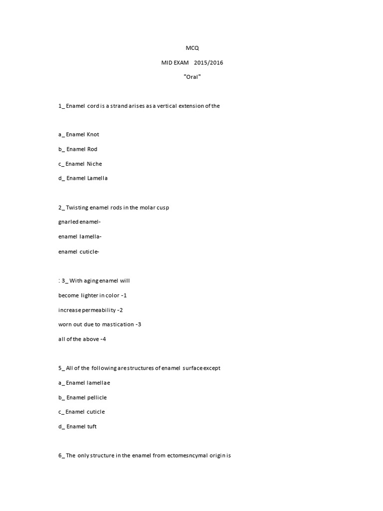 mcq oral histology | PDF | Tooth Enamel | Dentin
