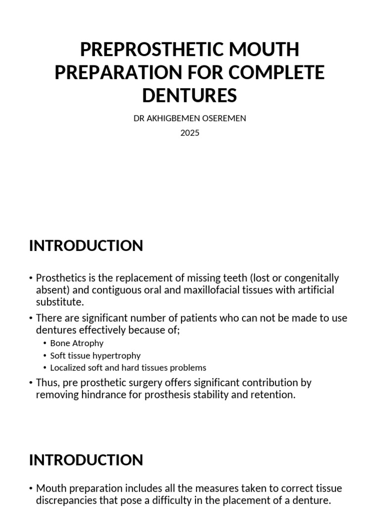 Preprosthetic Mouth Preparation Guide | PDF | Dentures | Dentistry Branches