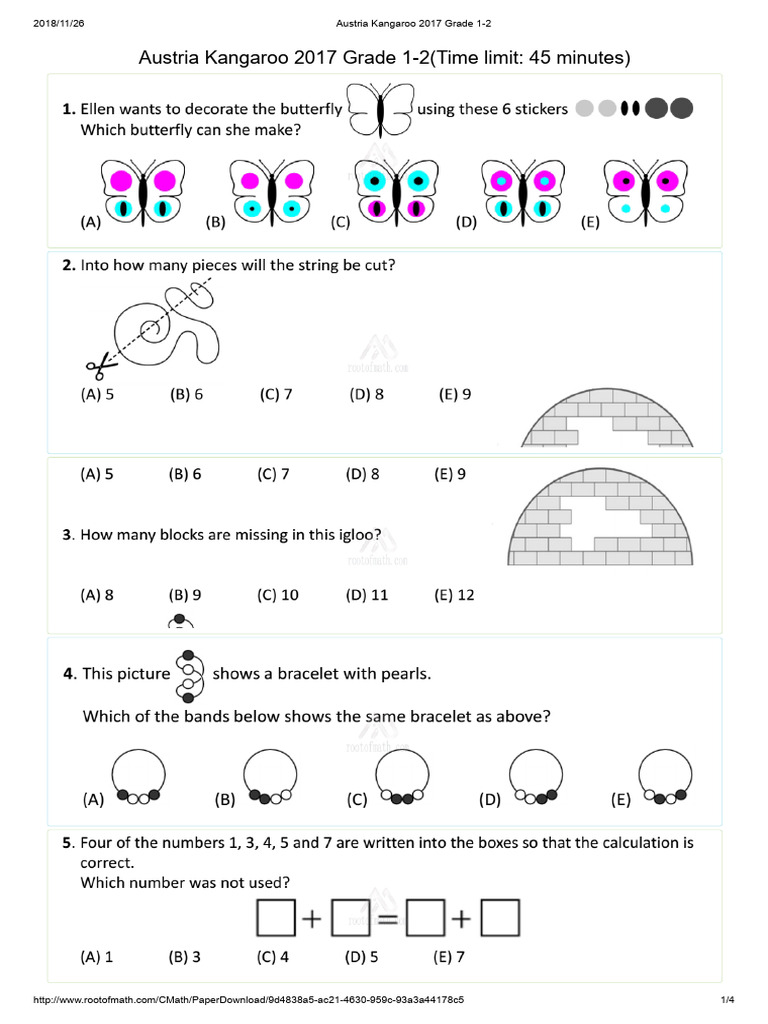 Austria Kangaroo 2017 Grade 1-2 | PDF