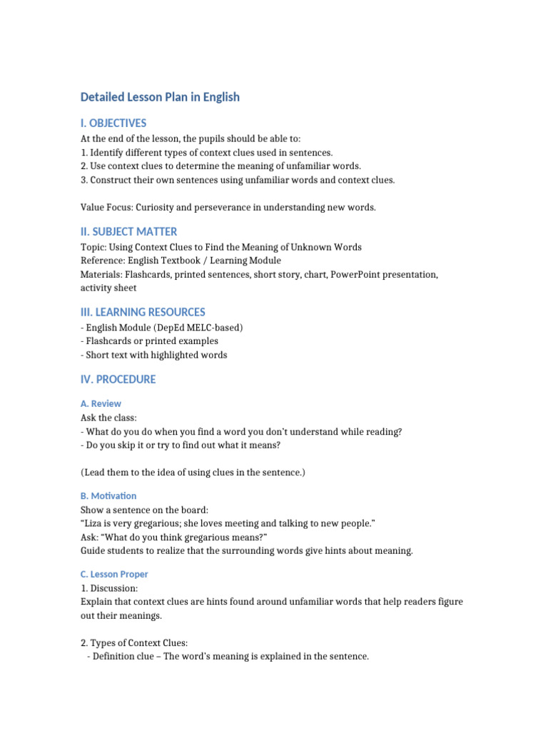 English Lesson Plan Context Clues | PDF | Lesson Plan | Learning
