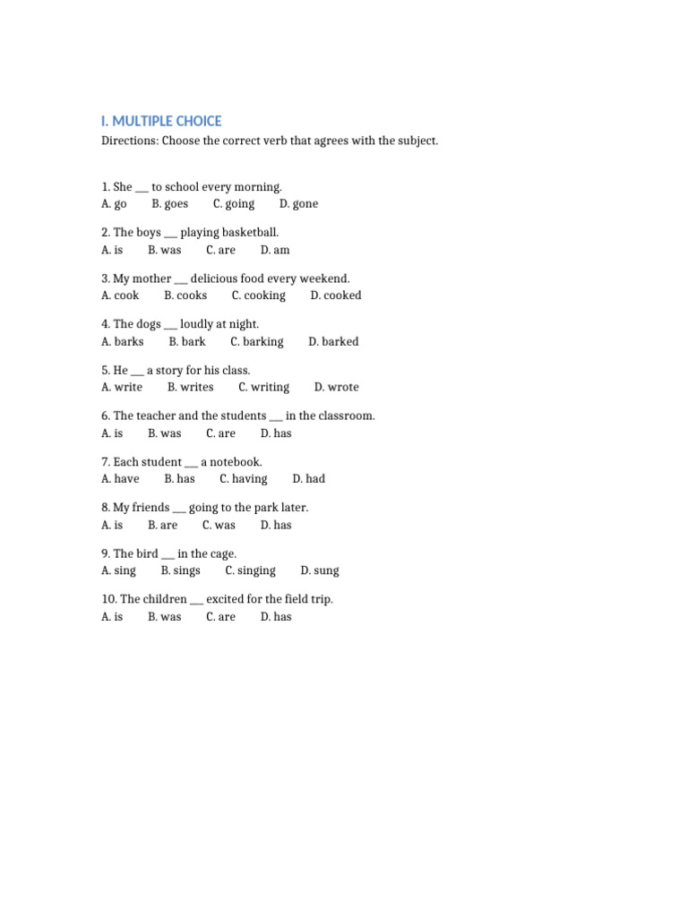 Grade 5 Subject-Verb Agreement Quiz | PDF