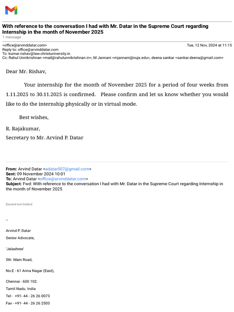 Internship Confirmation at Datar | PDF