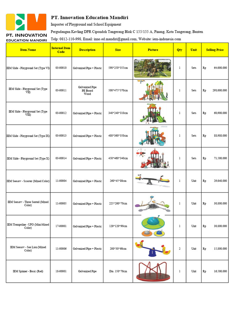 Price List & Stock 2 - Playground & Play Equipment - 210825 | PDF