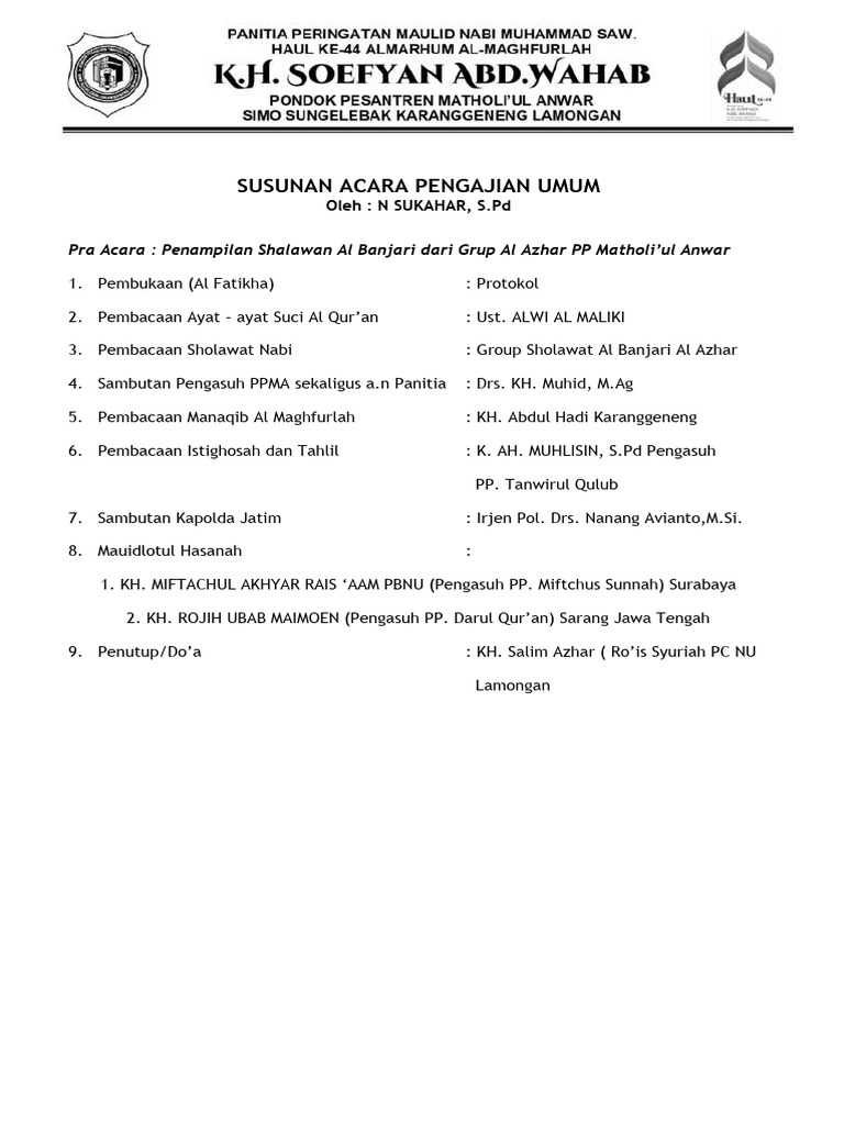 Susunan Acara Haul Ke 44 Paling Sip | PDF