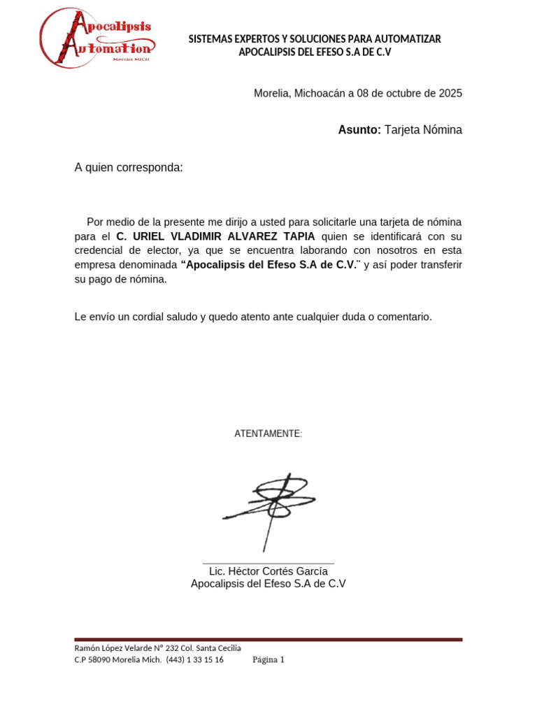 Solicitud de Tarjeta de Nómina para Empleado | PDF