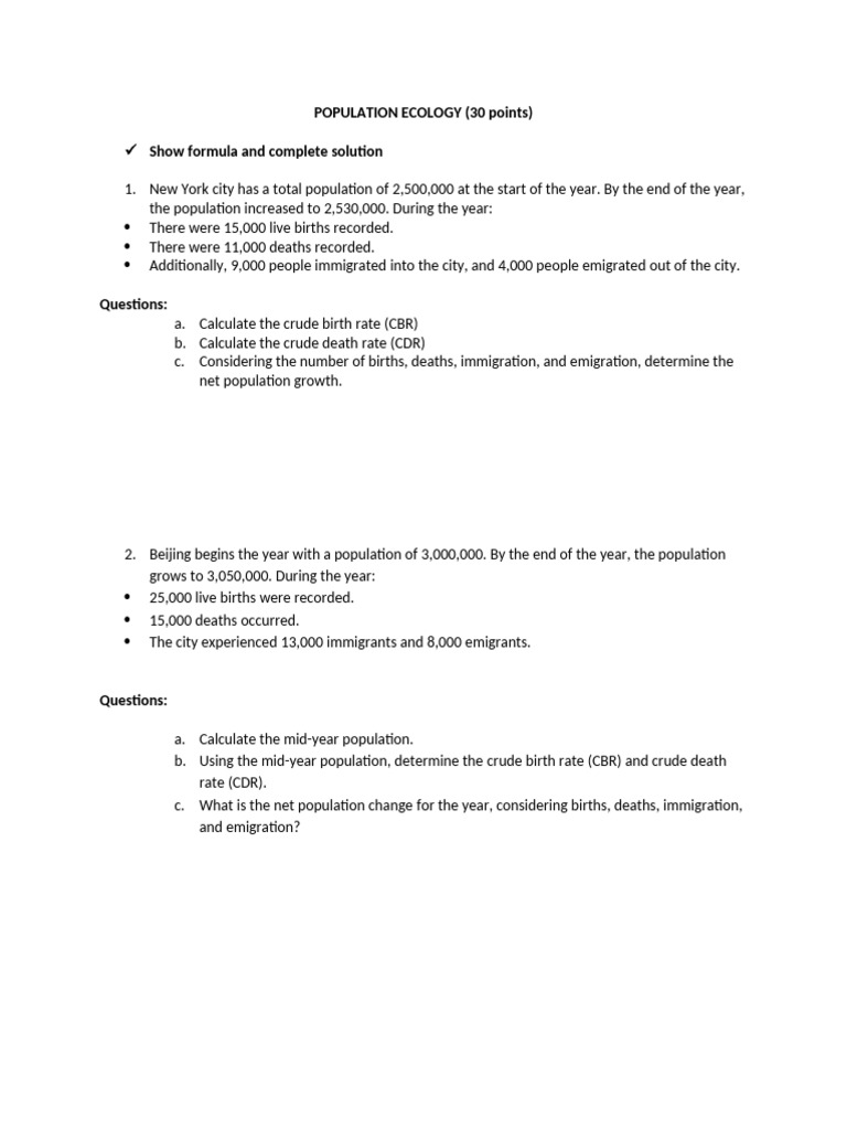 Population Ecology Sample Problem Solving | PDF