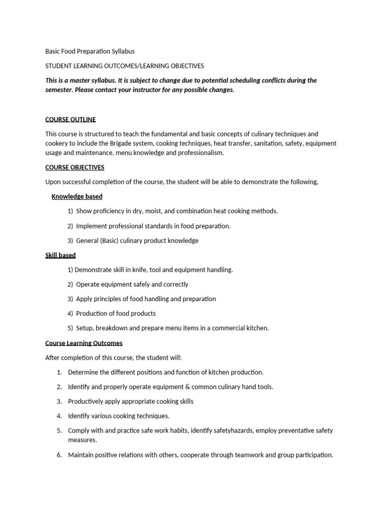 Basic Food Preparation Syllabus | PDF | Stock (Food) | Soup