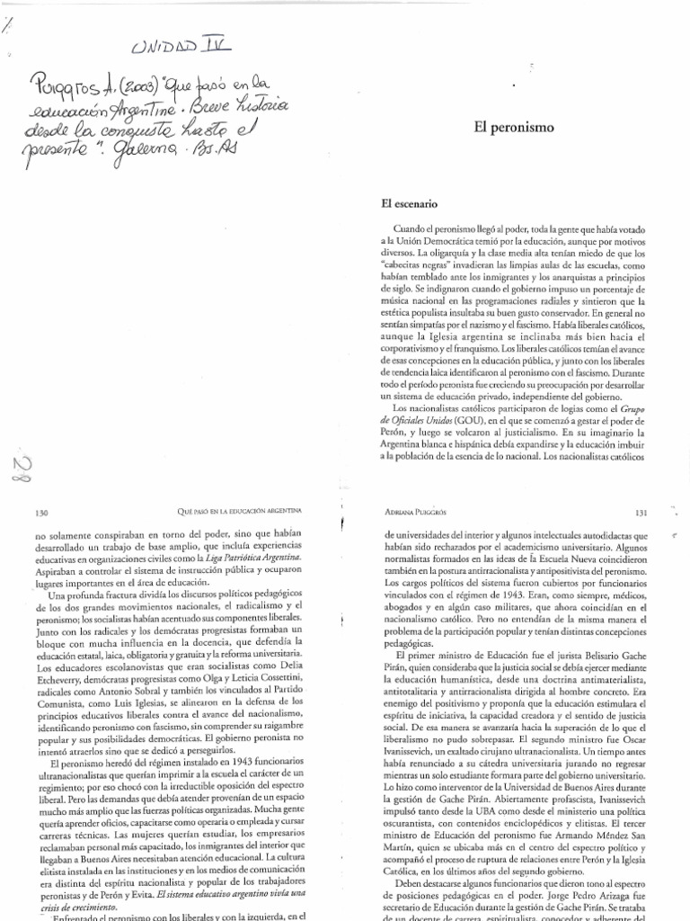 Puiggros Adriana El Peronismo en Que Paso en La Educacion Argentina ...